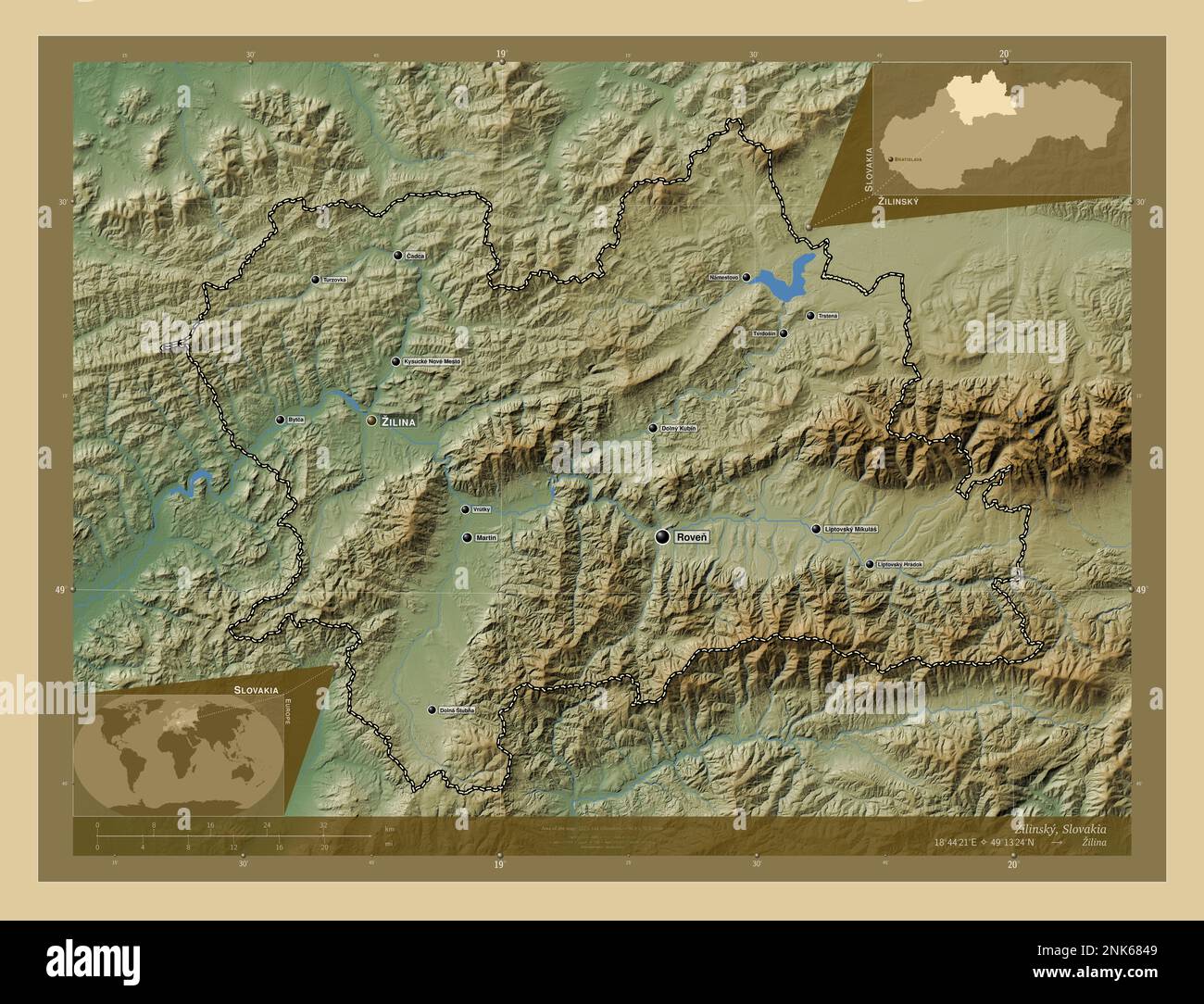 Zilinsky, region of Slovakia. Colored elevation map with lakes and ...