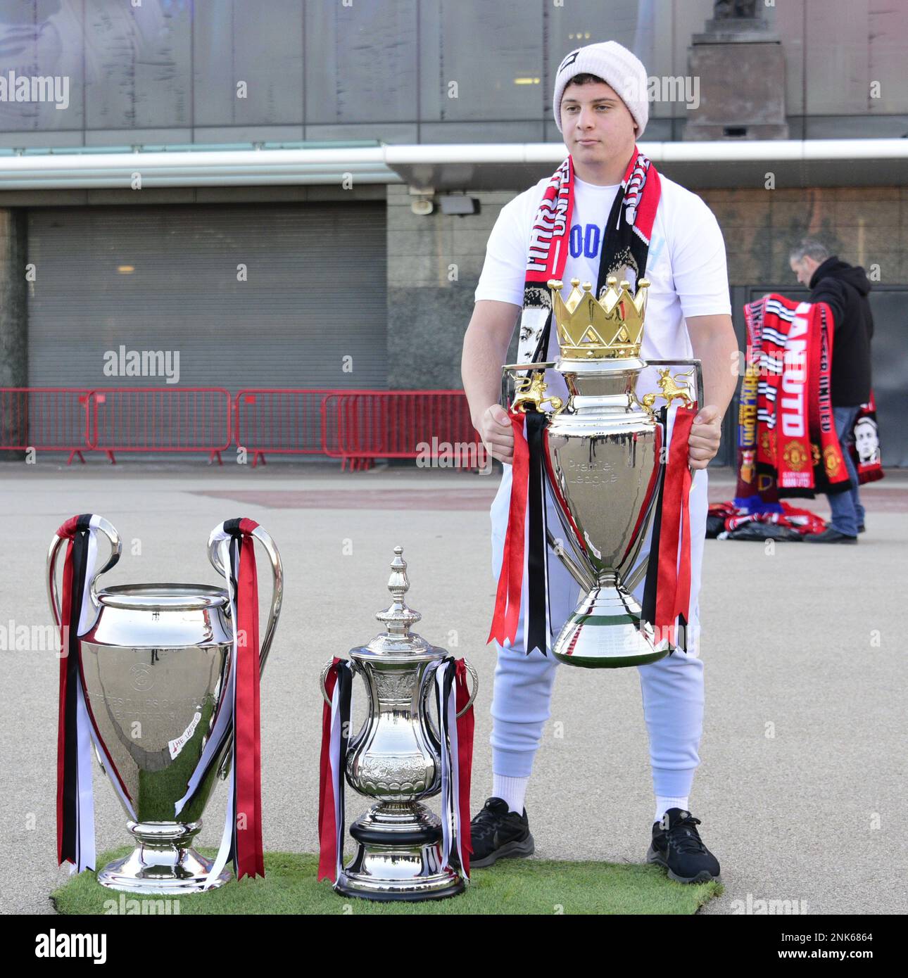 Manchester, UK, 23rd February, 2023. Football fans pose with replicas ...