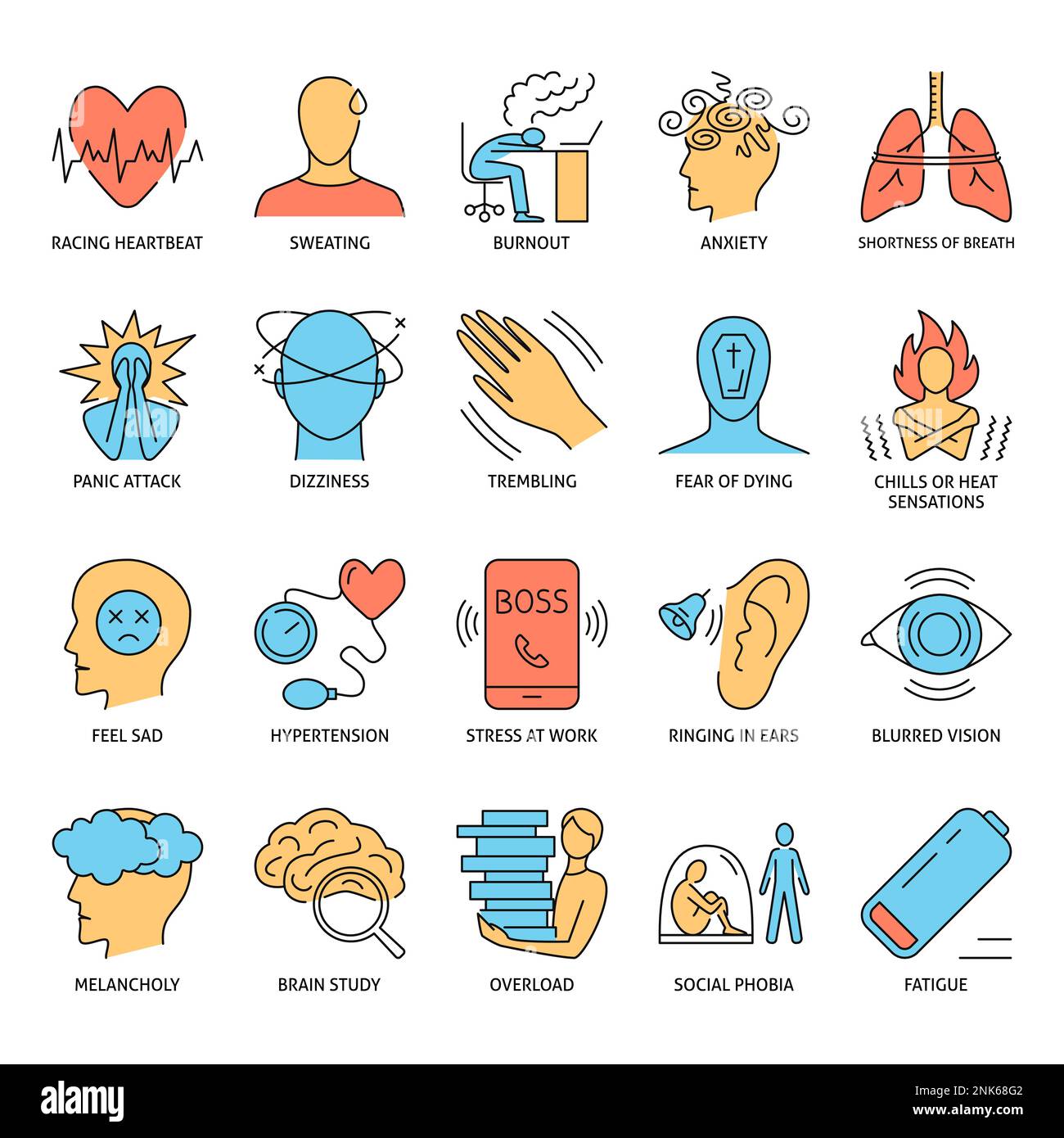 Stress and burnout icon set in colored line style. Vector illustration ...