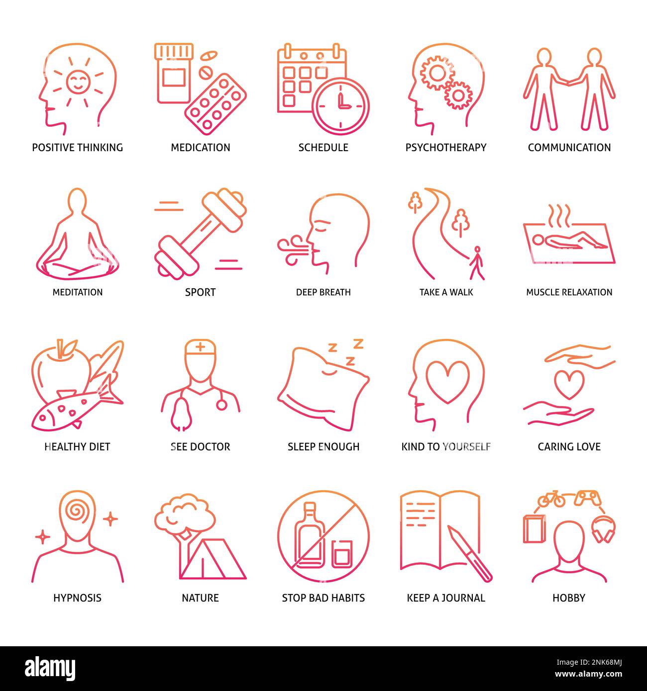 Wellness and stress relieve methods icon set in line style. Keeping good mental health. Vector ...