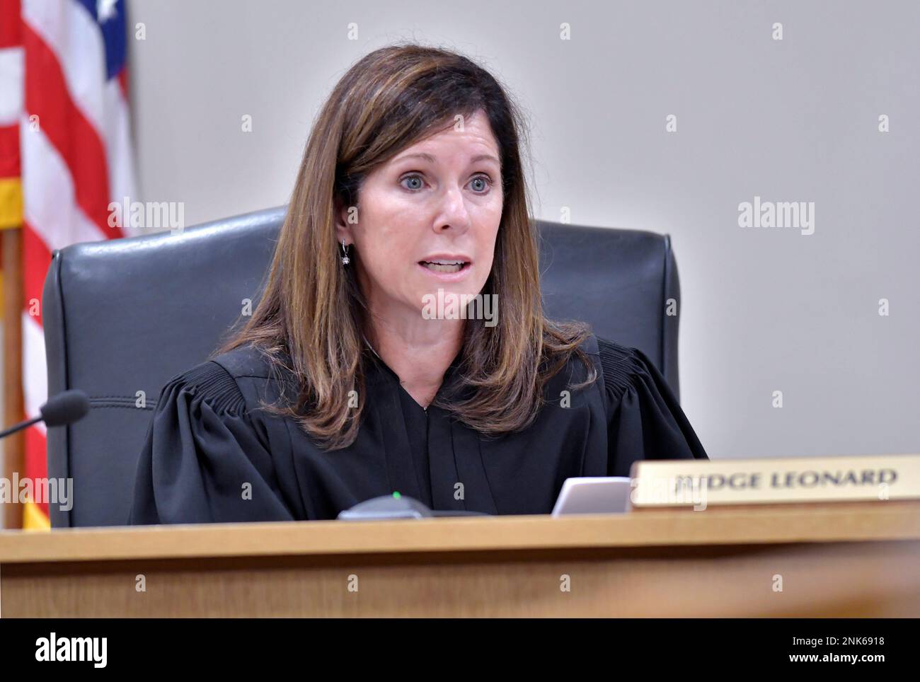 Judge Elizabeth M. Leonard addresses the jury on the first day of the ...