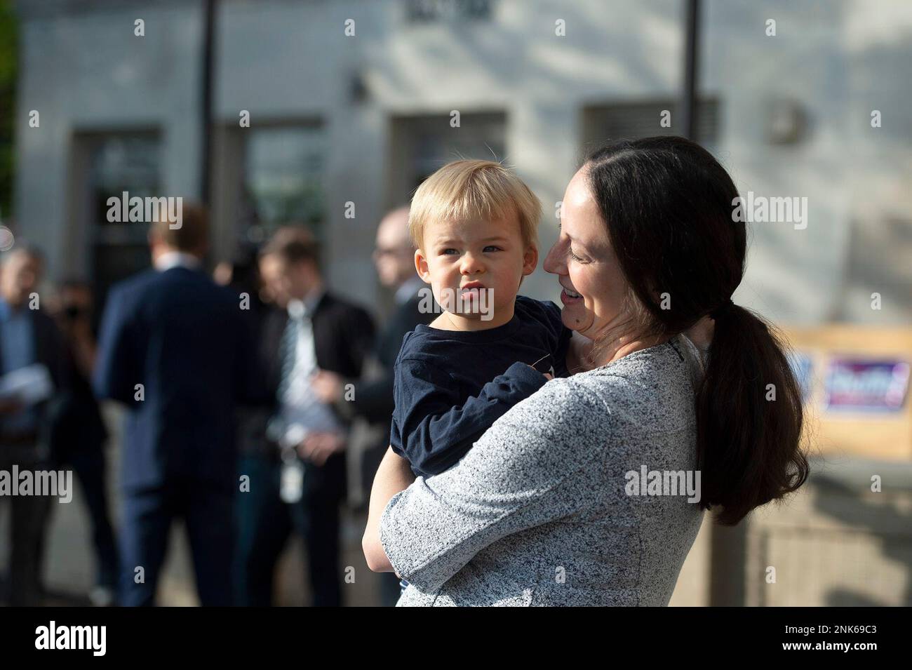 Hayley Haldeman, wife of Democrat U.S. Senate candidate, Rep. Conor Lamb, holds their son ...