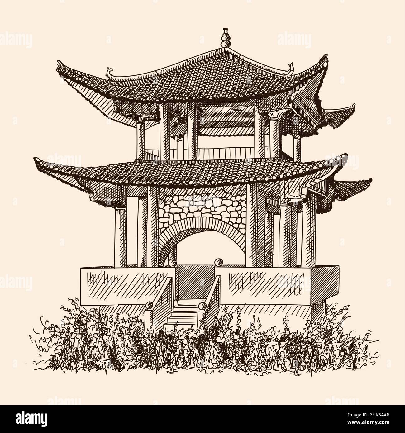 Chinese traditional pagoda with double tiled roof. Quick line art ...