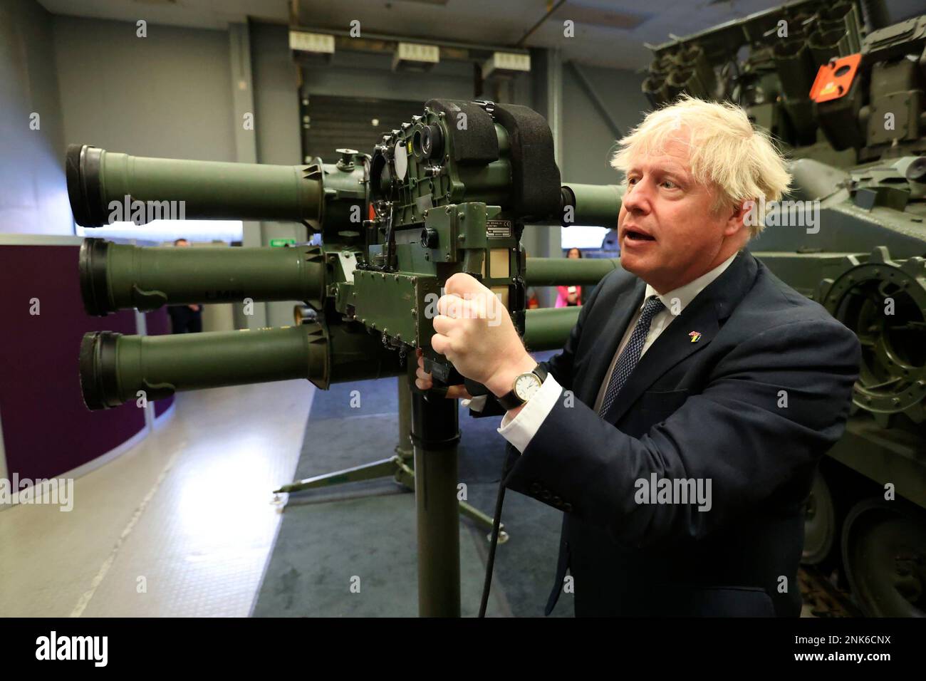 Britain's Prime Minister Boris Johnson with a Mark 3 shoulder launch ...
