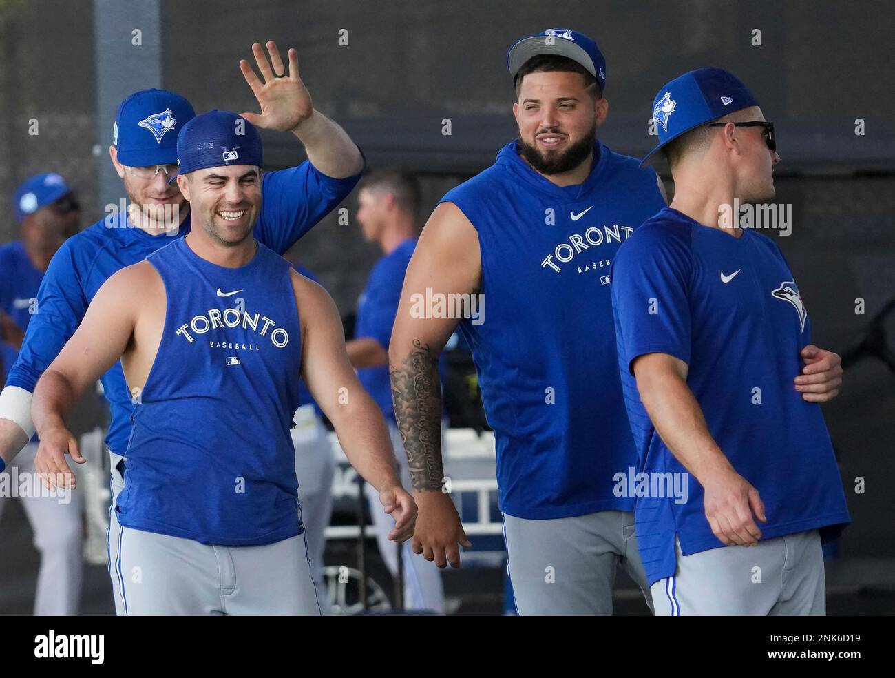 Toronto Blue Jays second baseman Whit Merrifield, left, laughs with ...