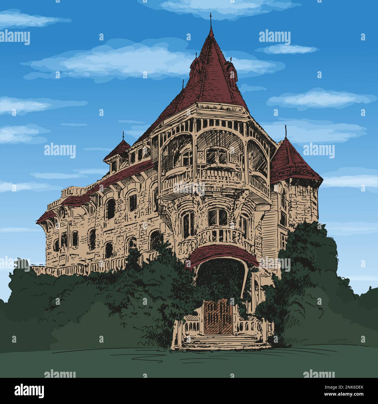 An old country stone house with a garden. Front entrance to the ...