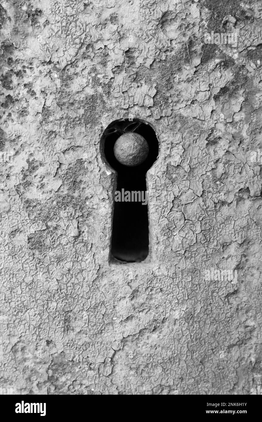 Traditional vintage heavy metal keyhole in a black and white monochrome ...
