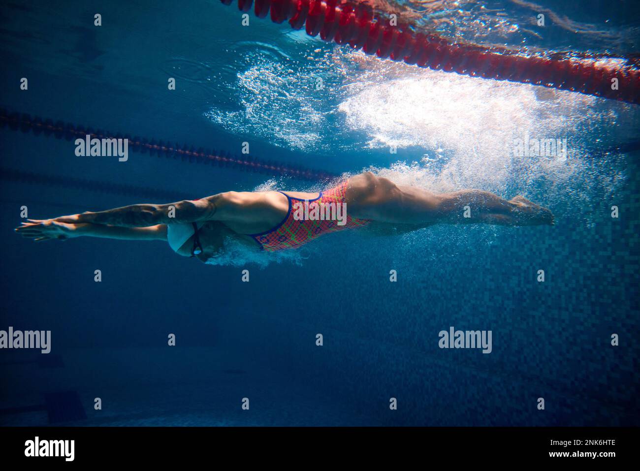 Developing speed. Professional female swimmer training in swimming pool ...