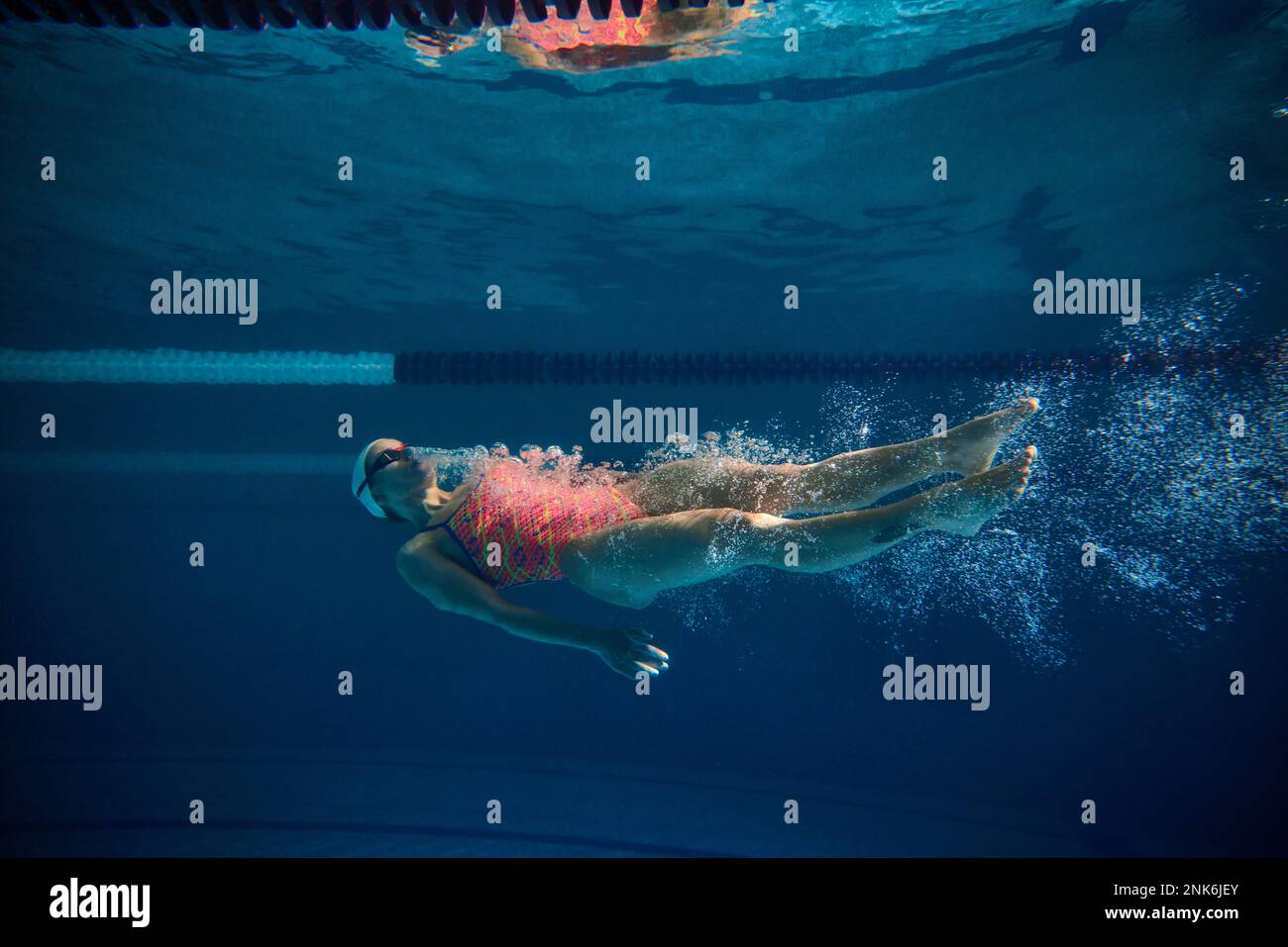 Swimming on back. Professional female swimmer training in swimming pool ...