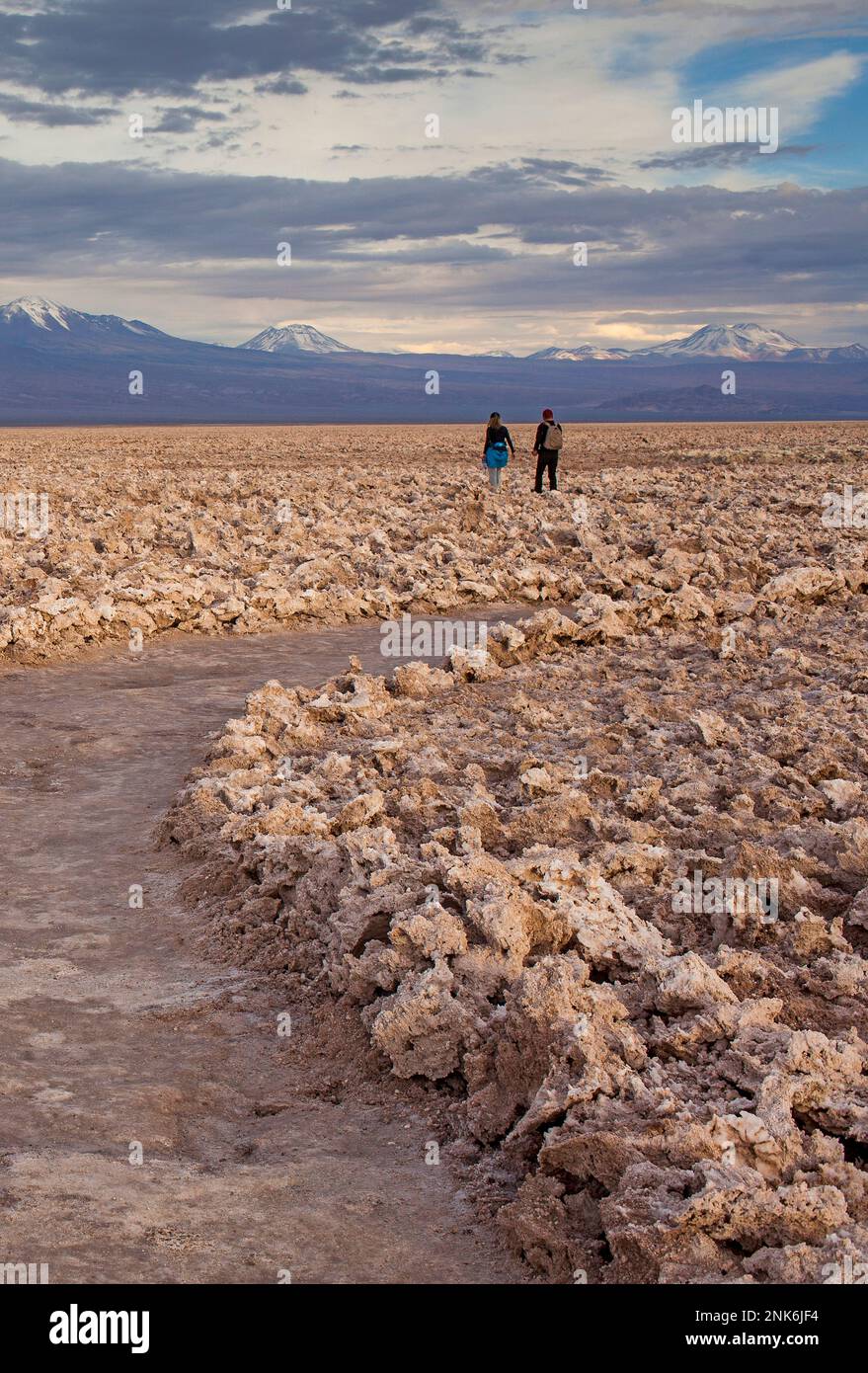 Path across Salt formations in Atacama Salt Flat,in background the ...