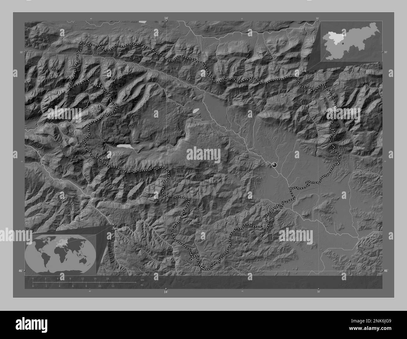 Gorenjska, statistical region of Slovenia. Grayscale elevation map with ...