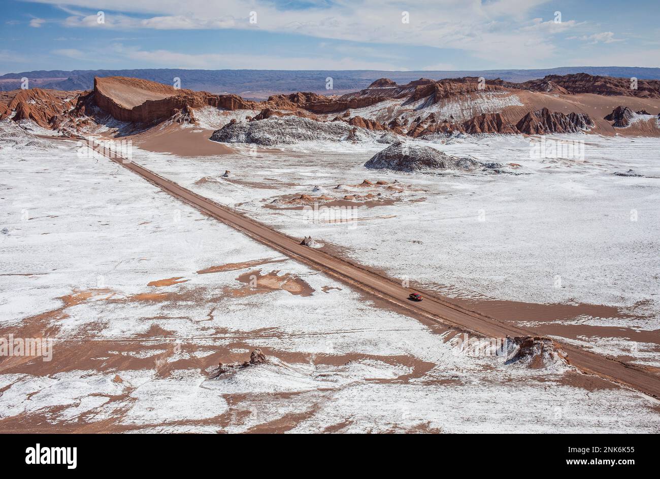 Valle de la Luna (Valley of the Moon) and salt deposited on the ground ...
