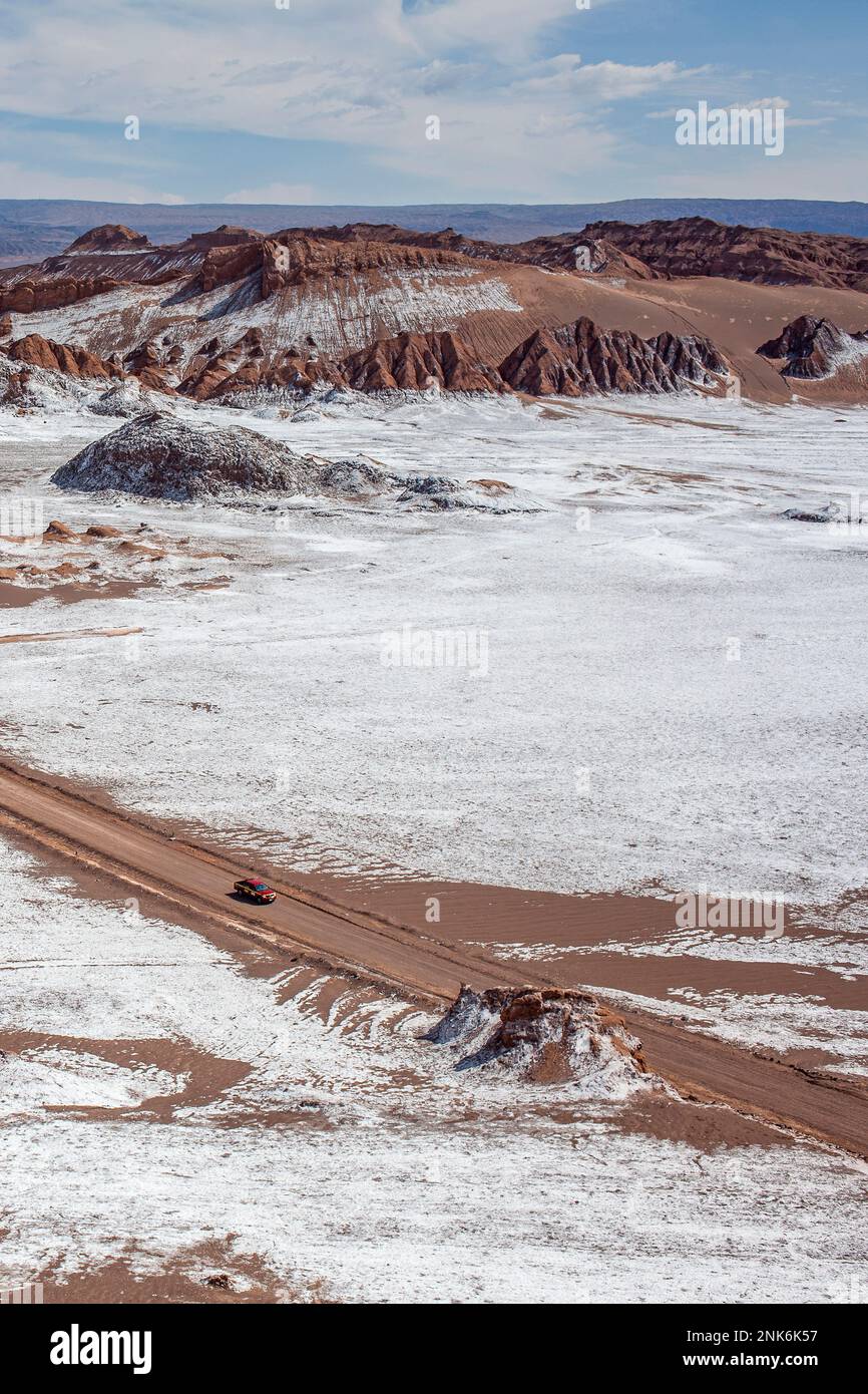 Valle de la Luna (Valley of the Moon) and salt deposited on the ground ...