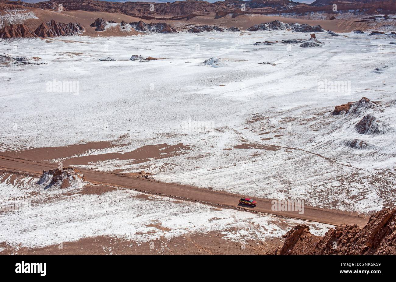 Valle de la Luna (Valley of the Moon) and salt deposited on the ground ...