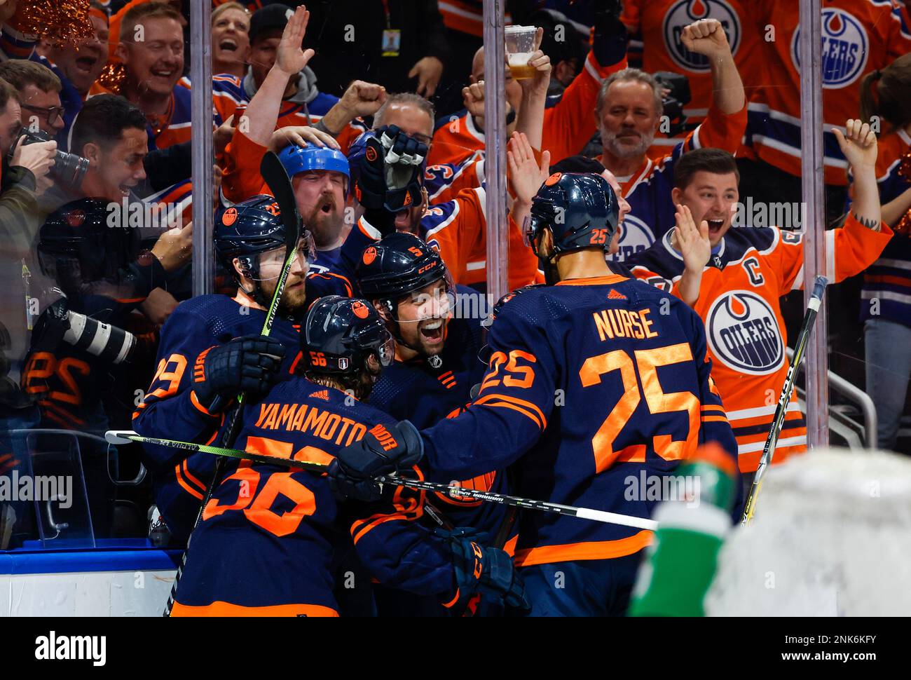 Edmonton Oilers defenseman Cody Ceci, center, celebrates his goal ...