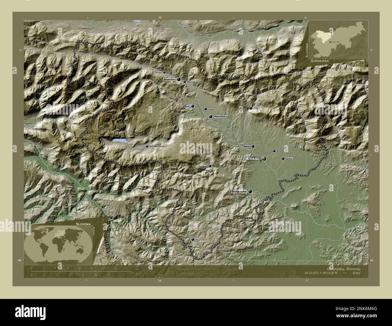 Gorenjska, statistical region of Slovenia. Elevation map colored in ...