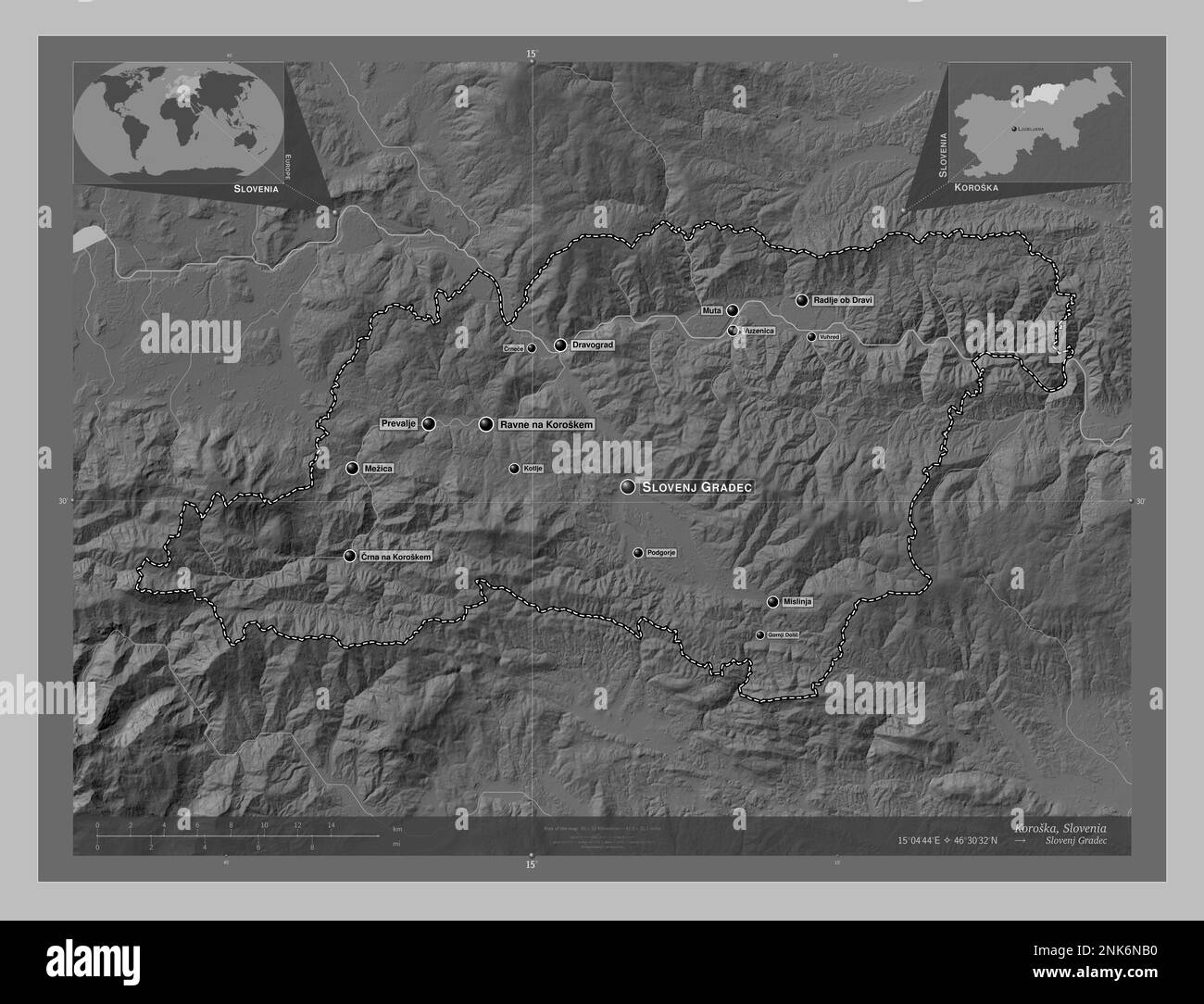 Koroska, statistical region of Slovenia. Grayscale elevation map with ...