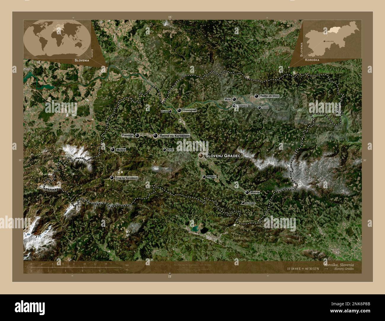Koroska, statistical region of Slovenia. Low resolution satellite map ...