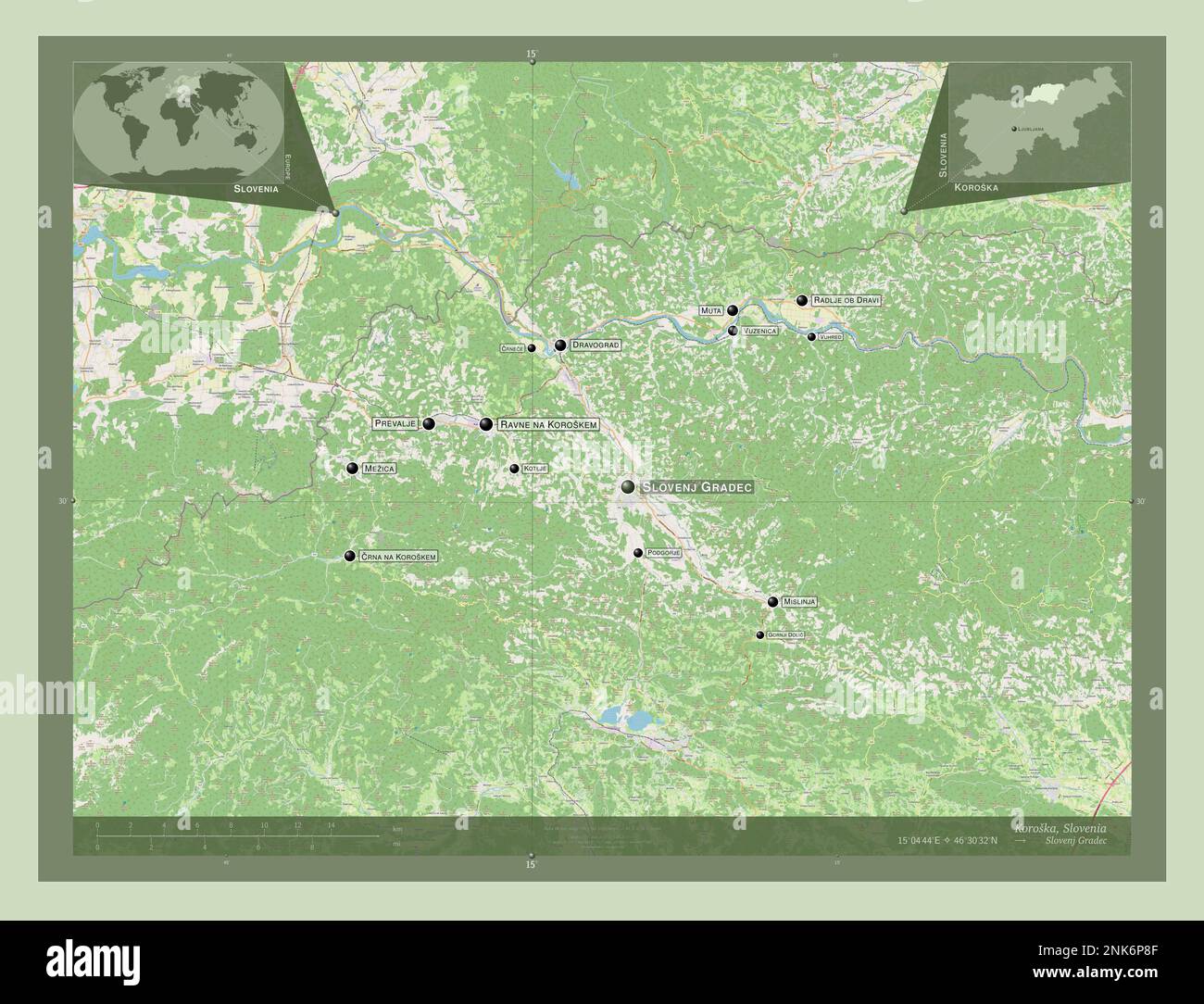 Koroska, statistical region of Slovenia. Open Street Map. Locations and ...
