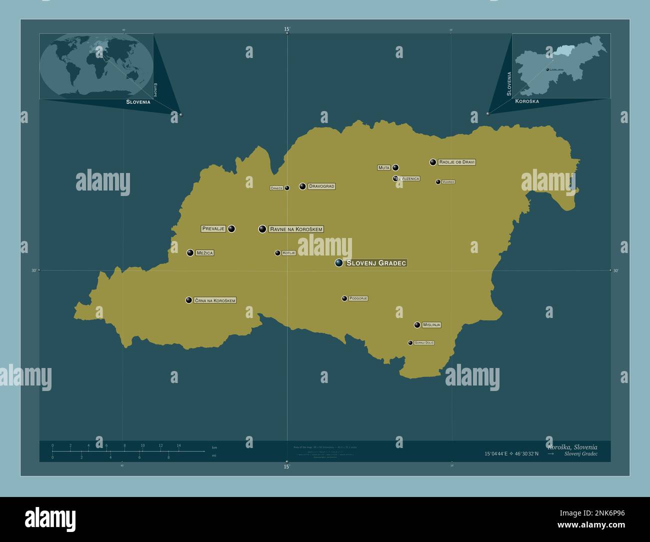 Koroska, statistical region of Slovenia. Solid color shape. Locations ...