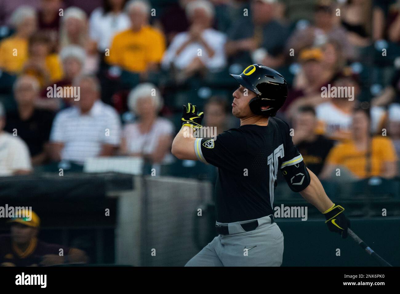 TEMPE, AZ - MAY 13: Oregon Ducks Infielder Drew Cowley (15) gets a hit ...