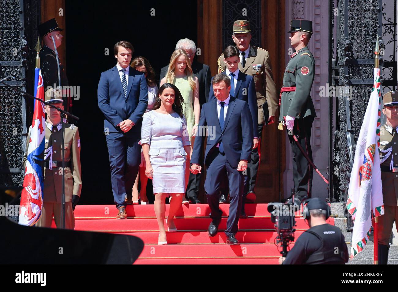 Hungarian President Katalin Novak, left, and her husband, Istvan Veres ...
