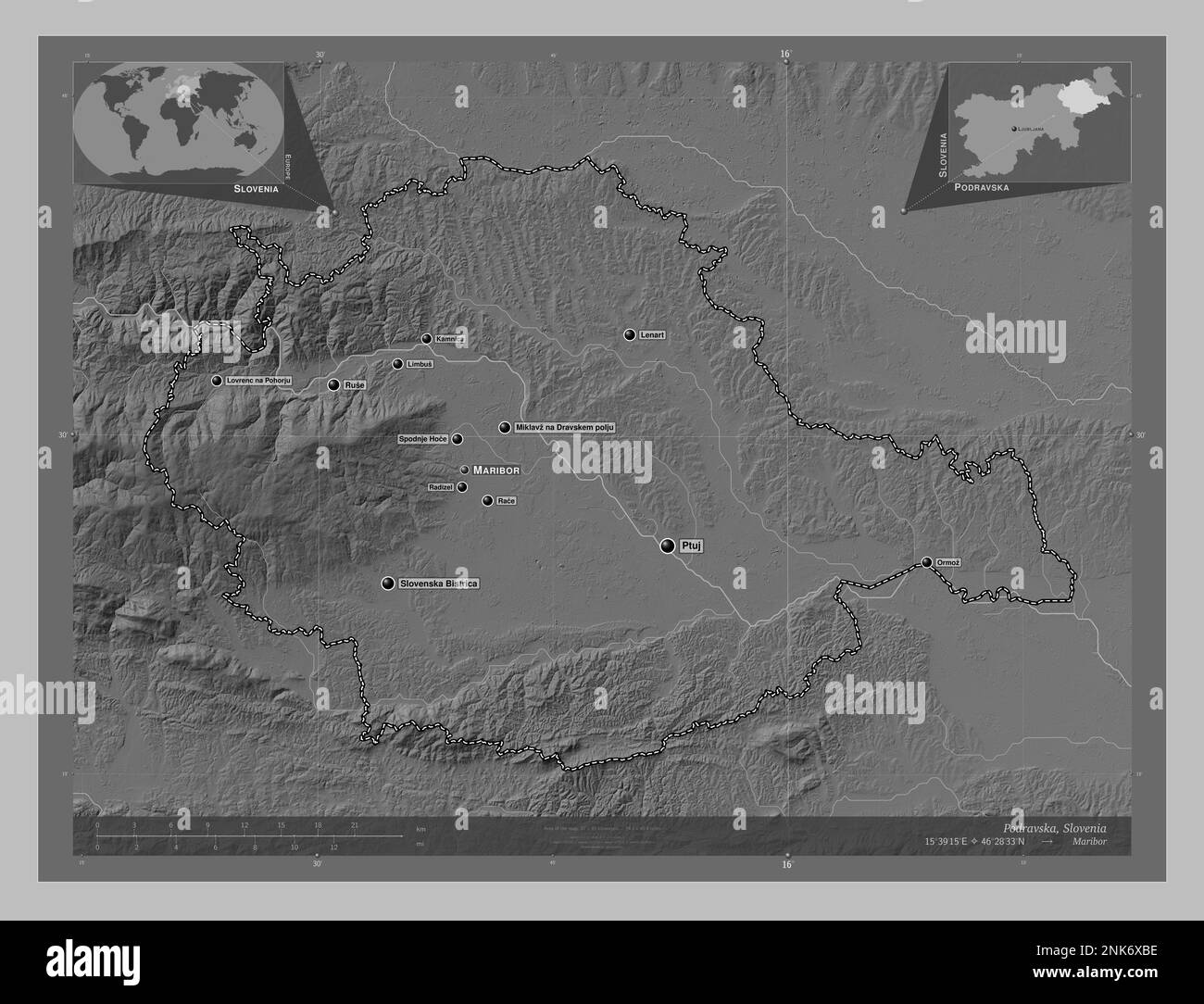 Podravska, statistical region of Slovenia. Grayscale elevation map with ...