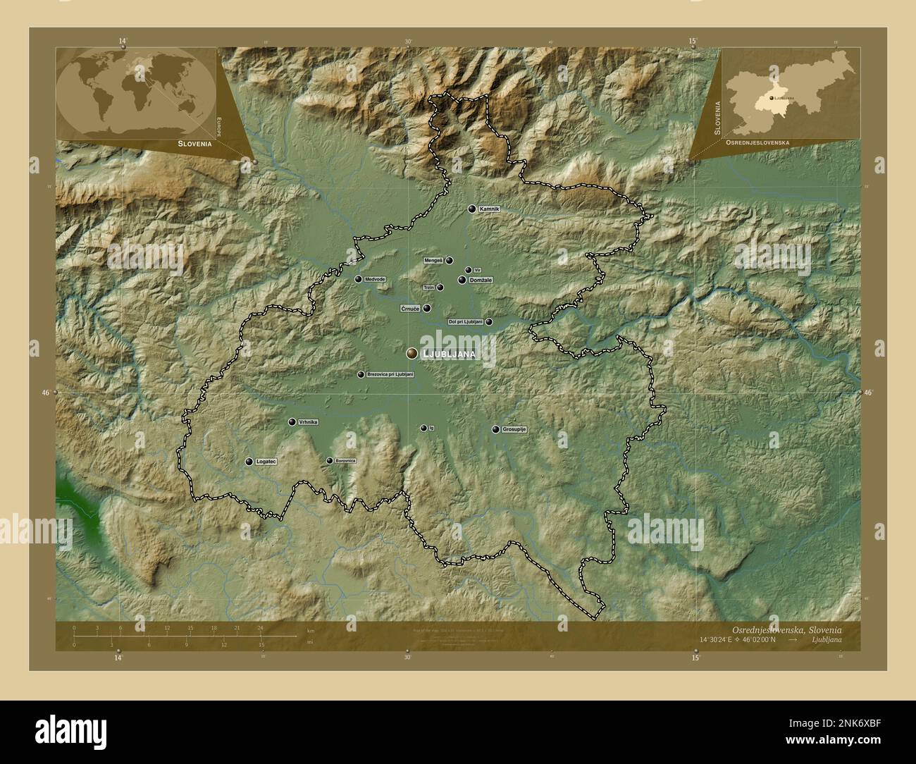 Osrednjeslovenska, statistical region of Slovenia. Colored elevation ...