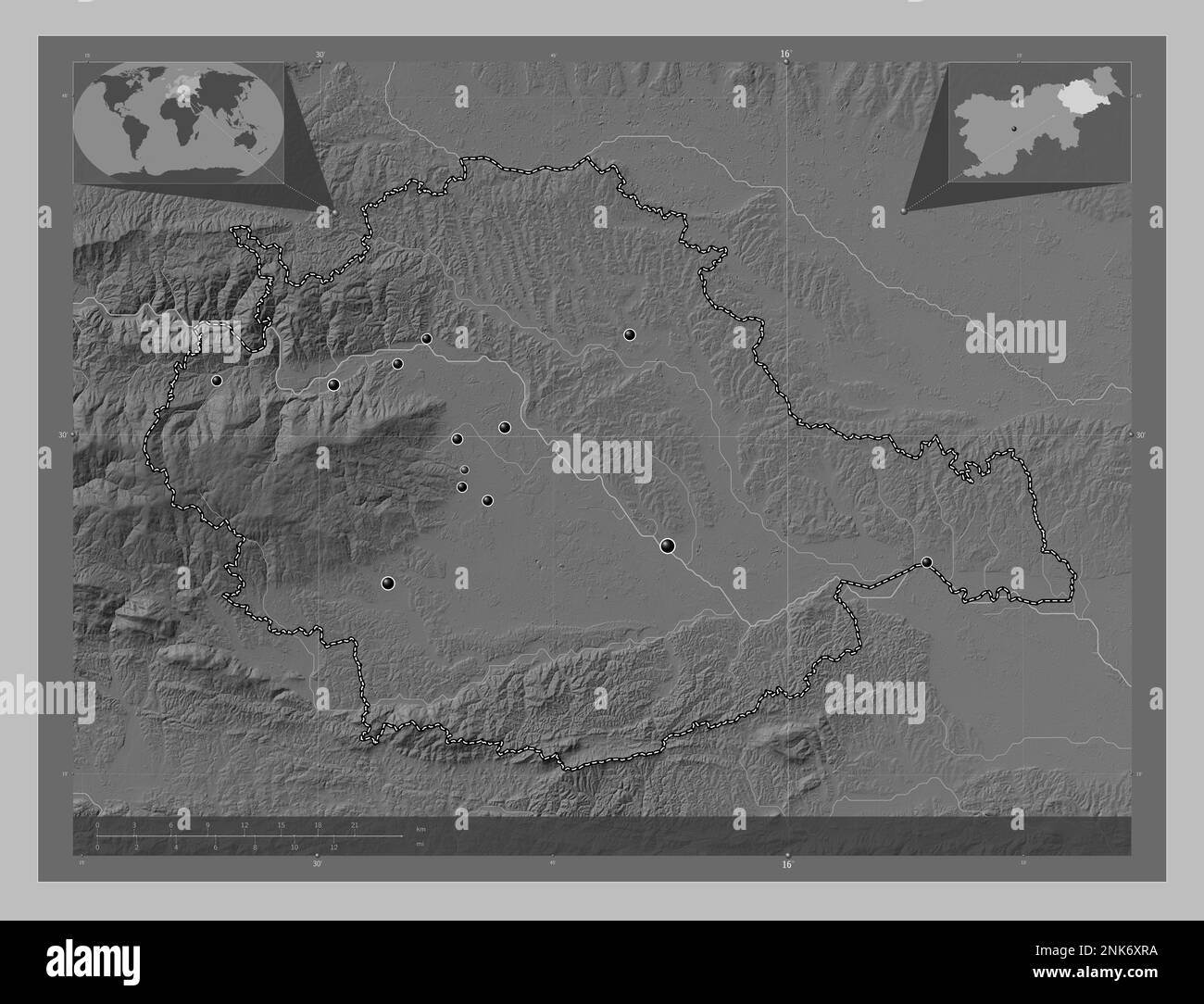 Podravska, statistical region of Slovenia. Grayscale elevation map with ...