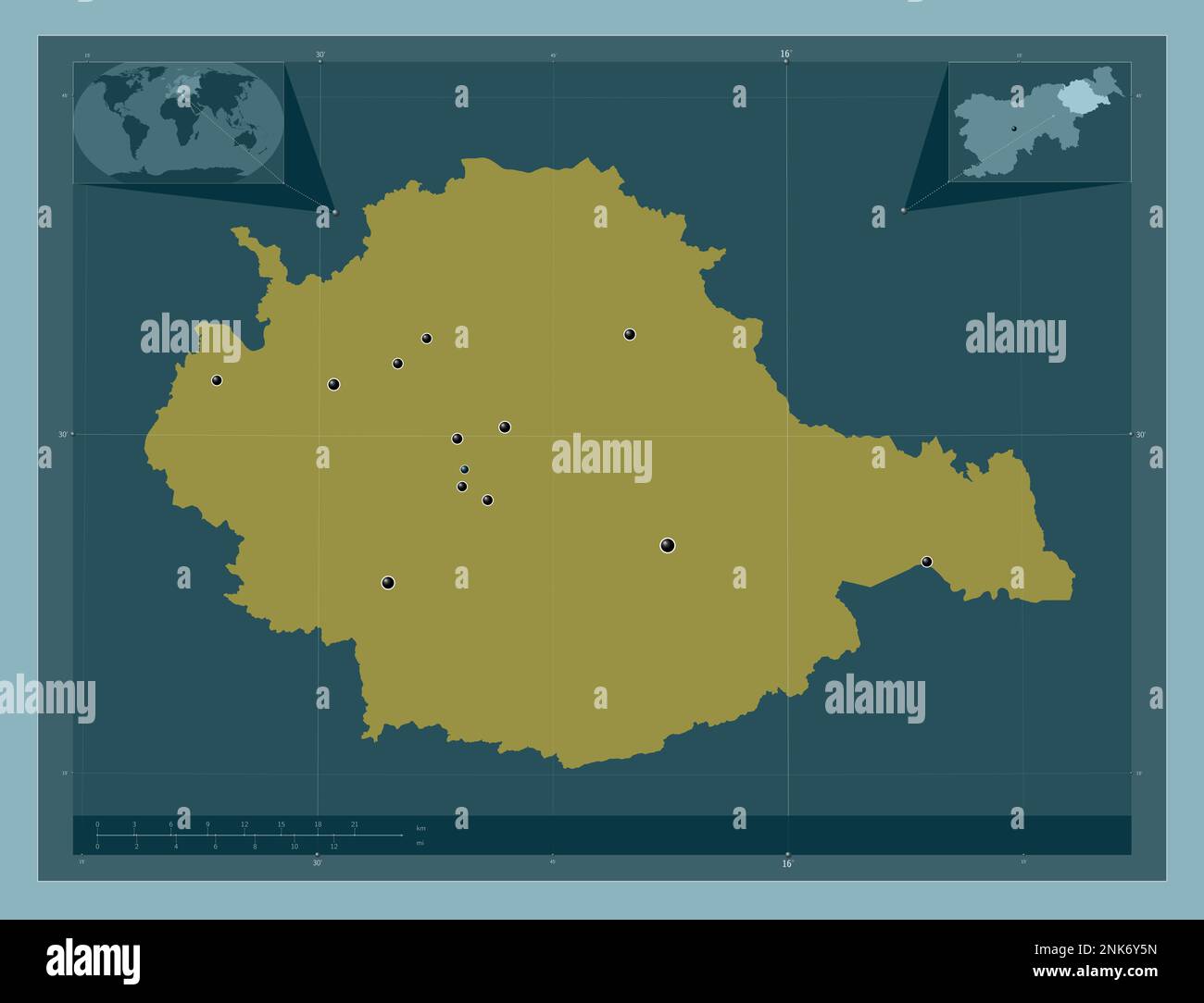 Podravska, statistical region of Slovenia. Solid color shape. Locations ...