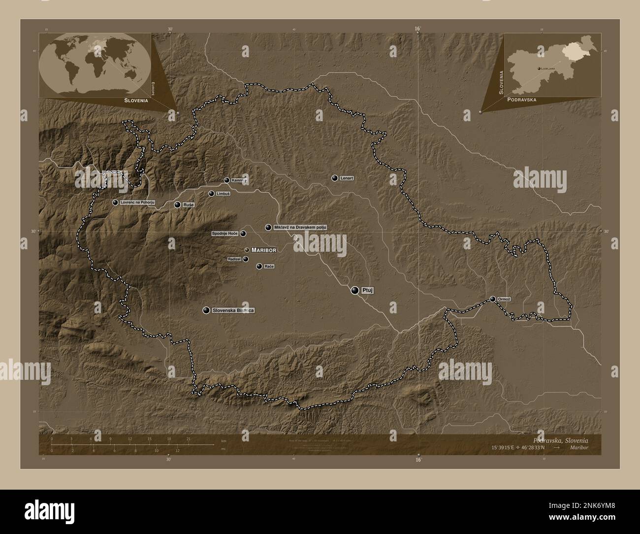 Podravska, statistical region of Slovenia. Elevation map colored in ...
