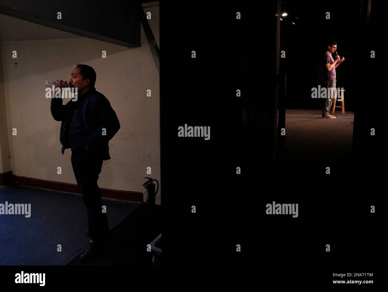 Host and comedian Matt Lieb, right, warms up the crowd as comedian ...