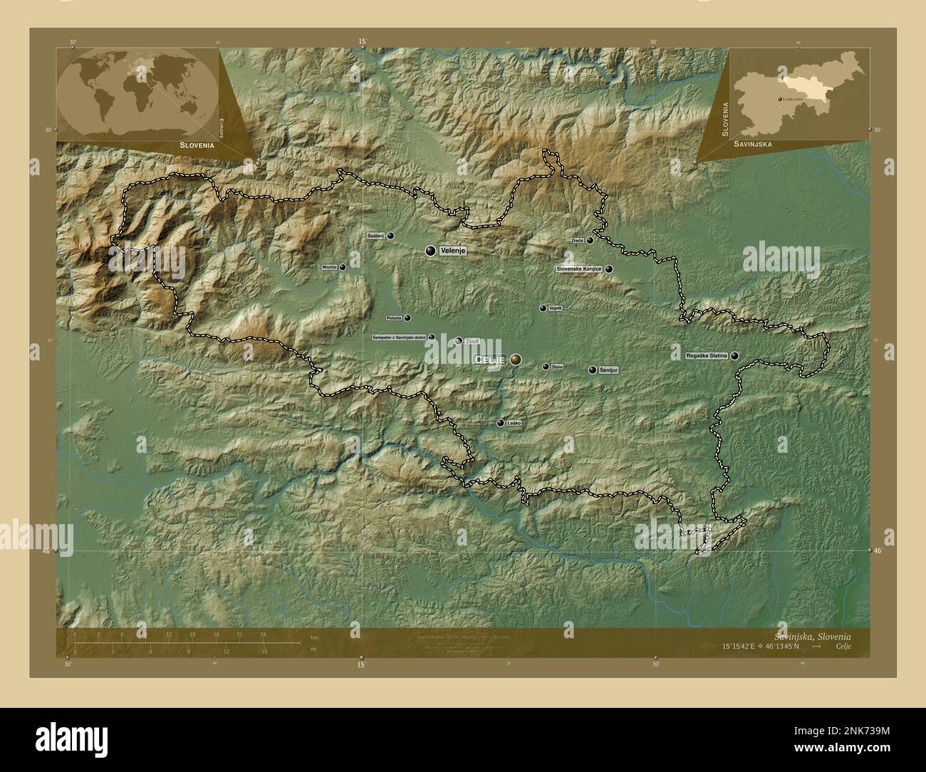 Savinjska, statistical region of Slovenia. Colored elevation map with ...