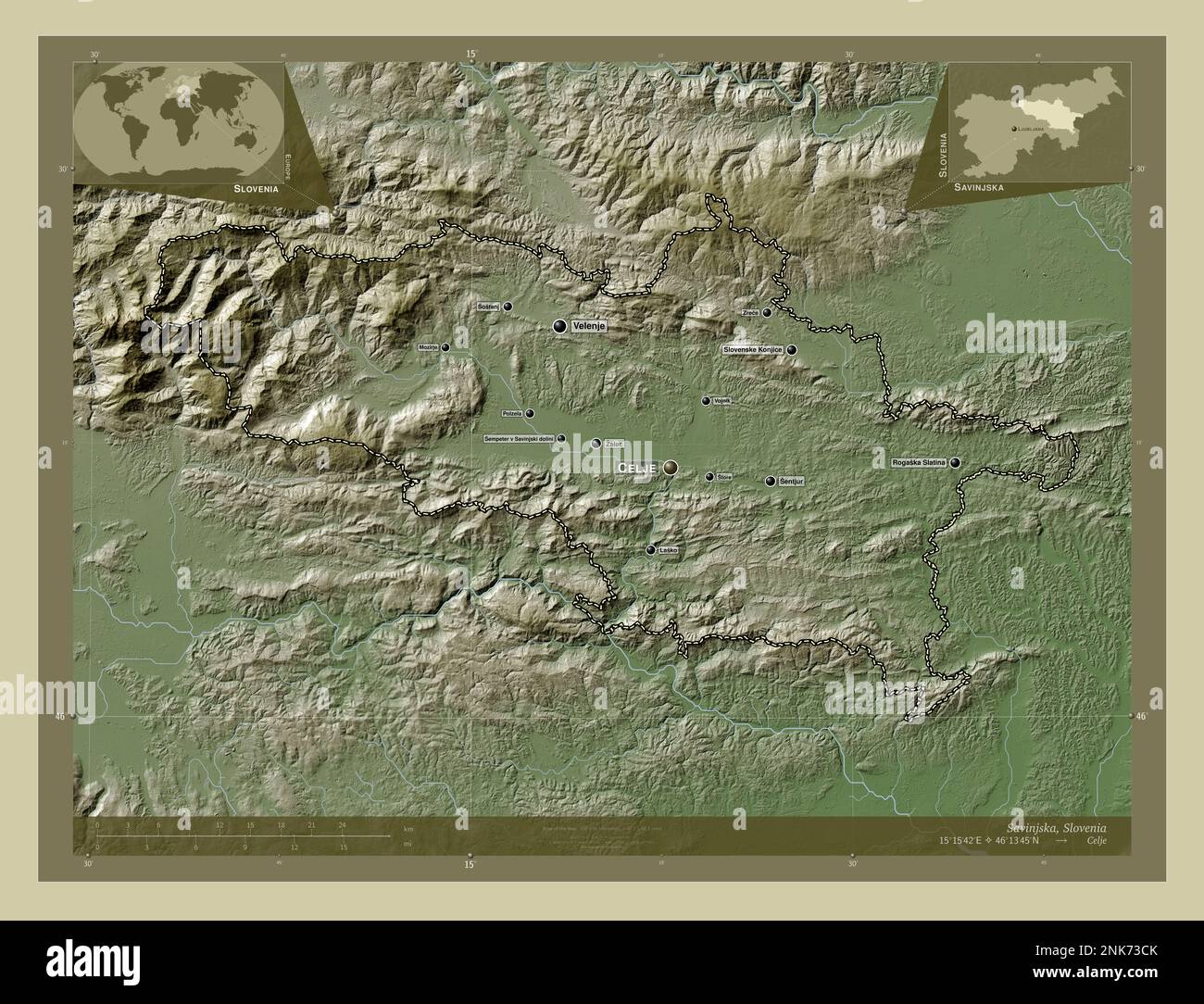 Savinjska, statistical region of Slovenia. Elevation map colored in ...