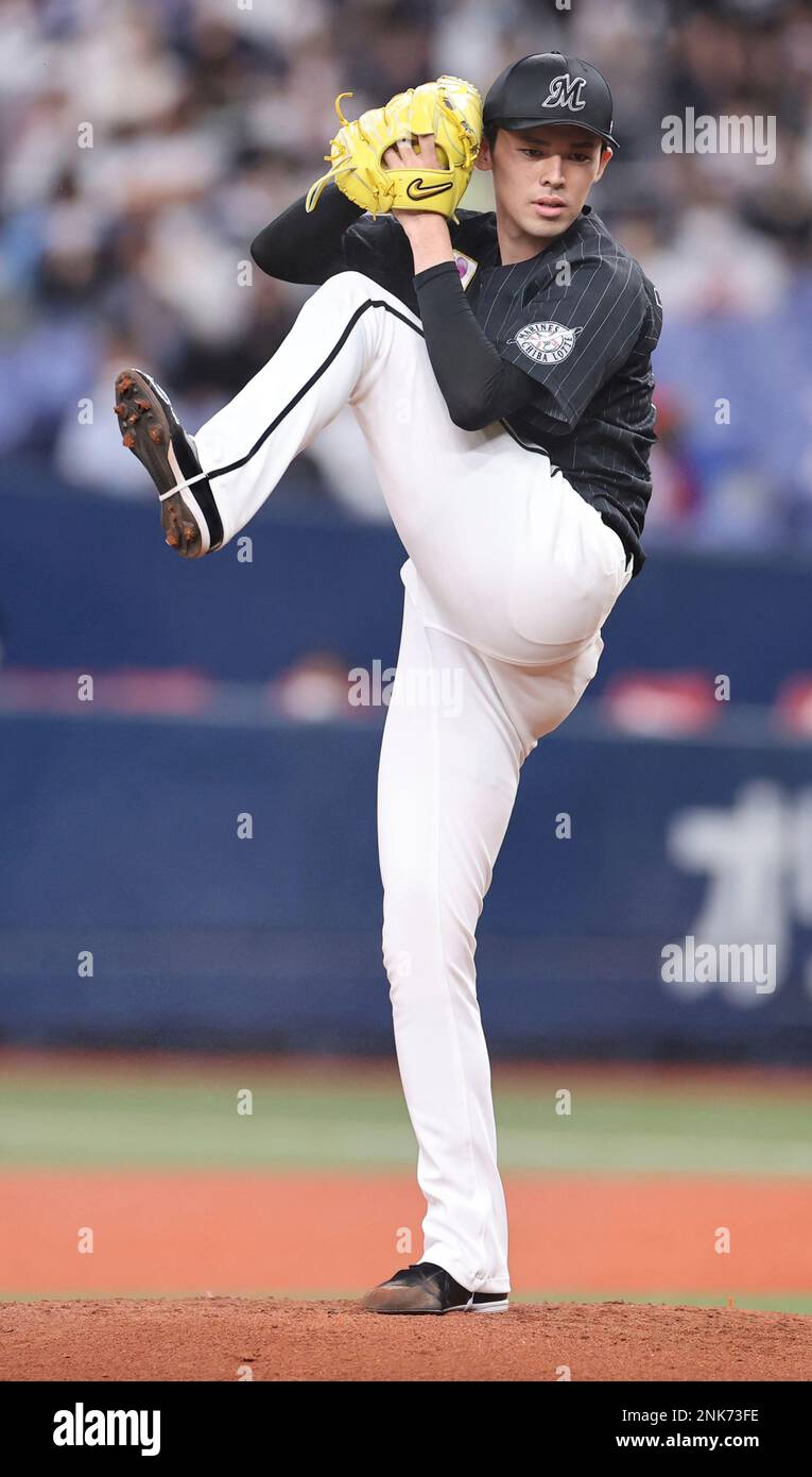 Roki Sasaki of Chiba Lotte Marines throws a ball as a starter during a Pacific League baseball ...