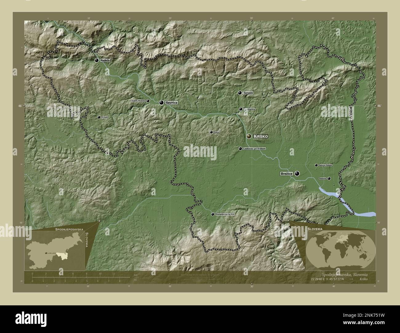 Spodnjeposavska, statistical region of Slovenia. Elevation map colored ...