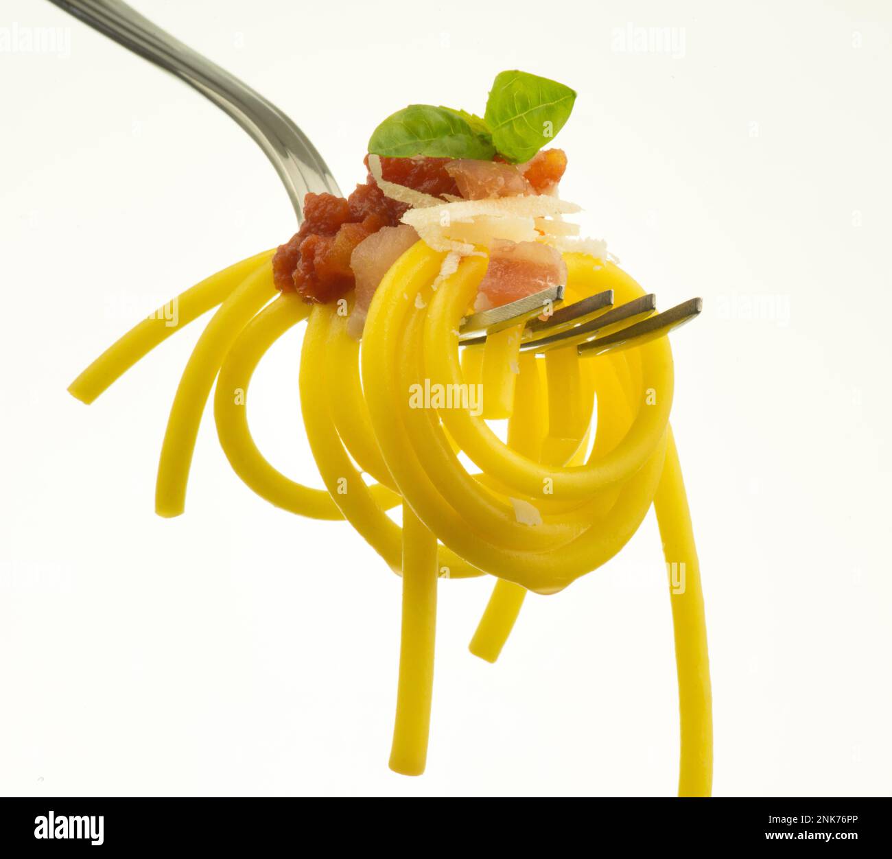 fork with spaghetti and amatriciana sauce isolated on white background ...