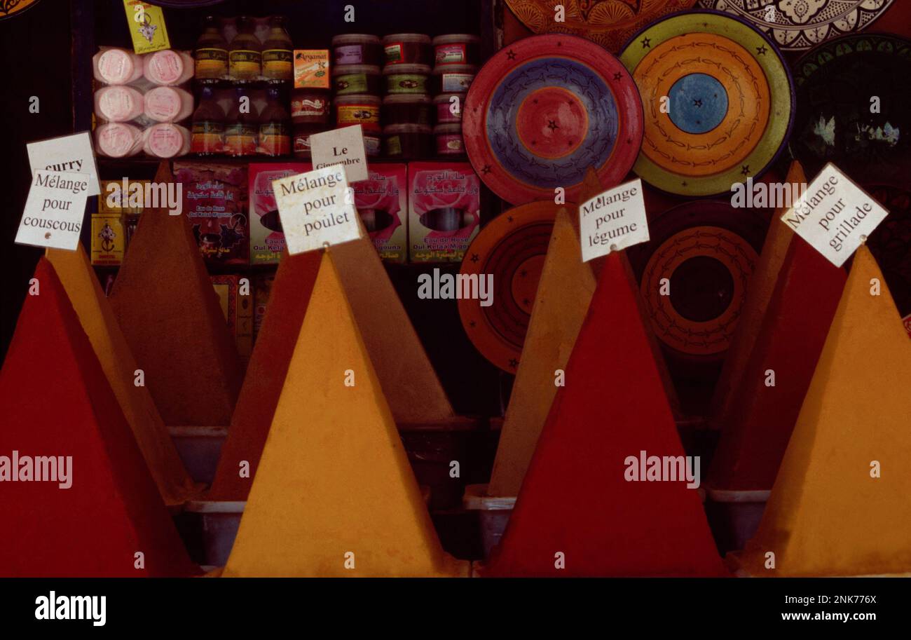 View of the Traditional spice market in Morocco. Piles of colourful ...