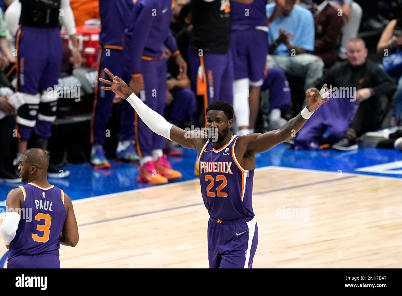 Phoenix Suns center Deandre Ayton (22) celebrates a teammates 3 point ...
