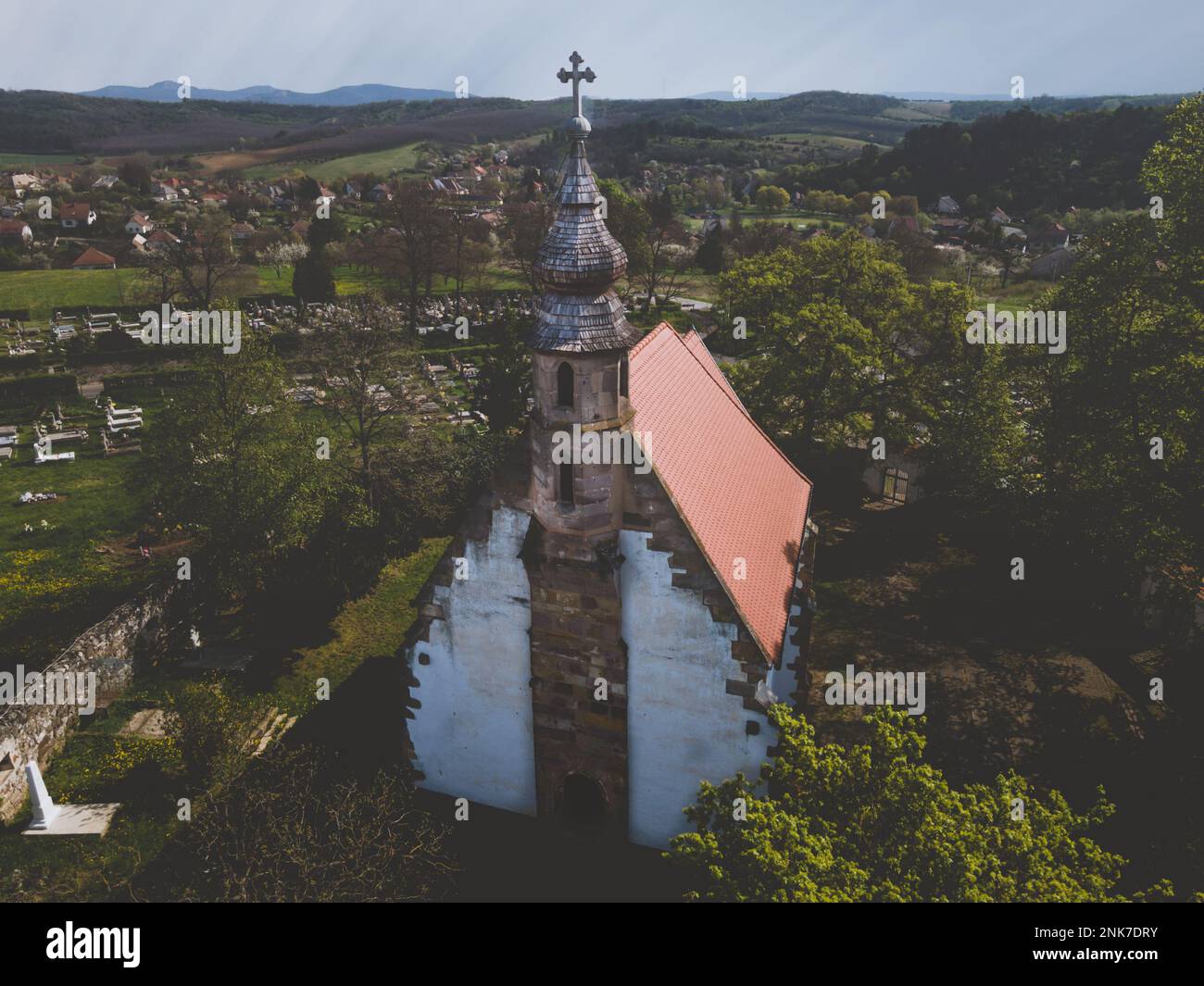 Aerial view of the Roman Catholic church standing alone on the hilltop ...