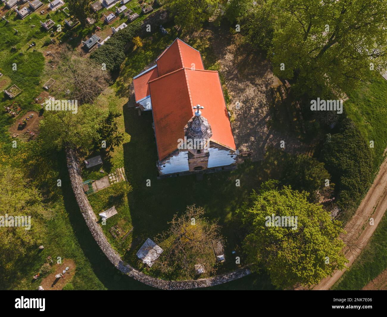 Aerial view of the Roman Catholic church standing alone on the hilltop ...