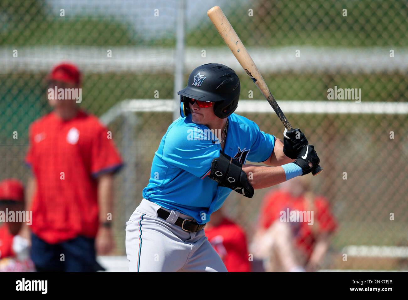 Miami Marlins outfielder Griffin Conine (14) bats during a MiLB Spring ...