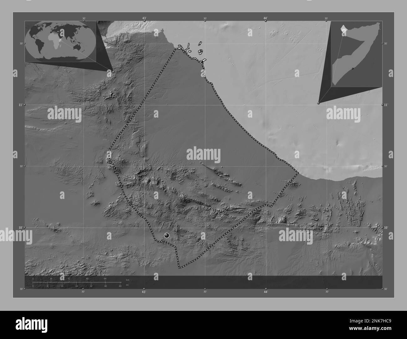 Awdal, region of Somalia. Bilevel elevation map with lakes and rivers ...