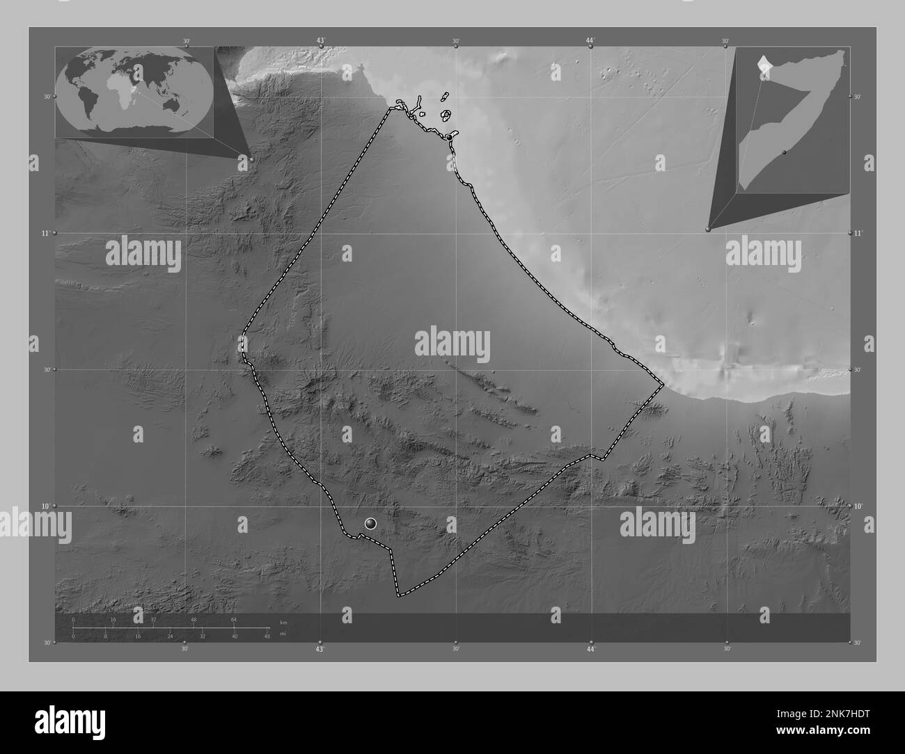 Awdal, region of Somalia. Grayscale elevation map with lakes and rivers. Locations of major ...