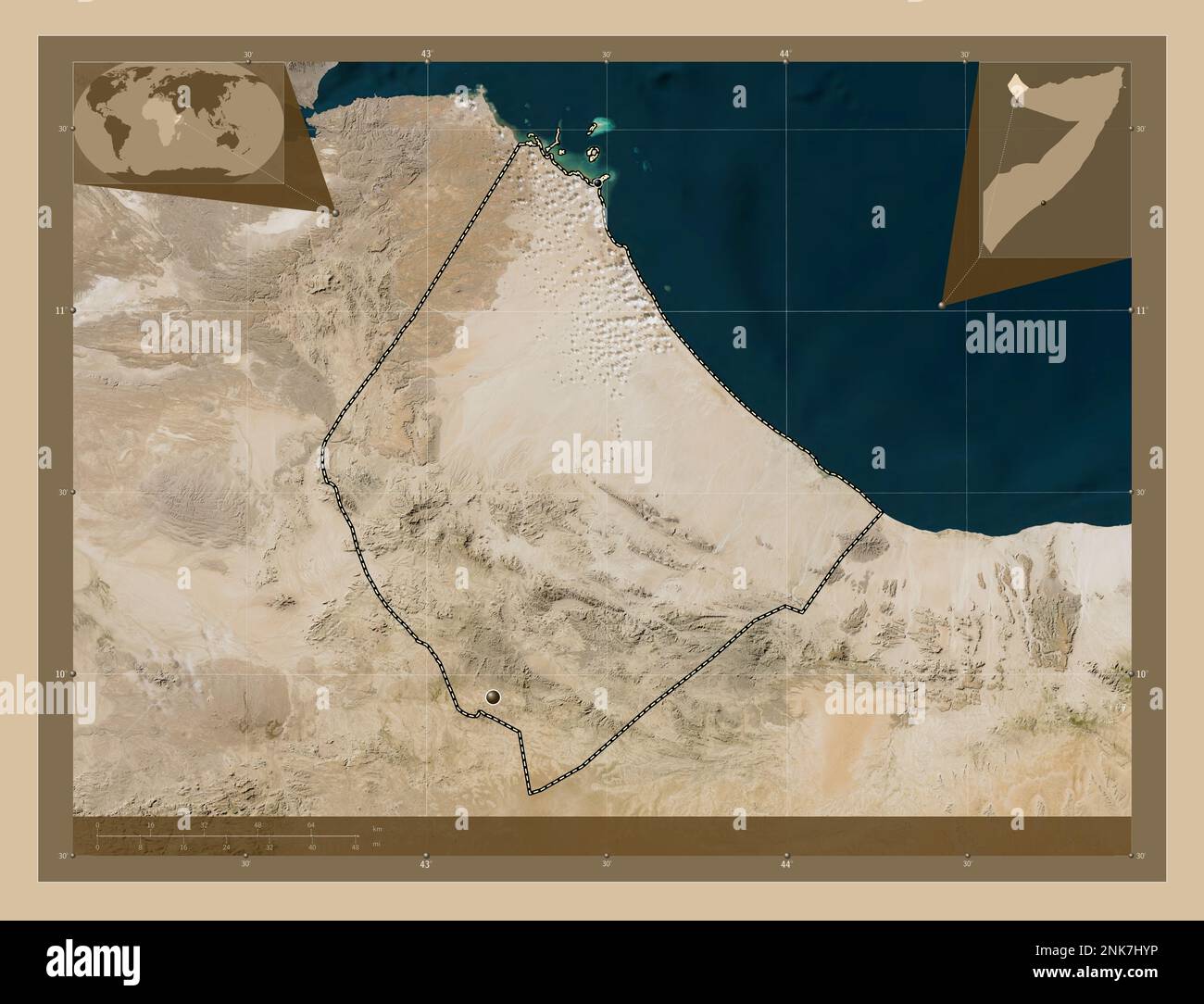Awdal, region of Somalia. Low resolution satellite map. Locations of ...