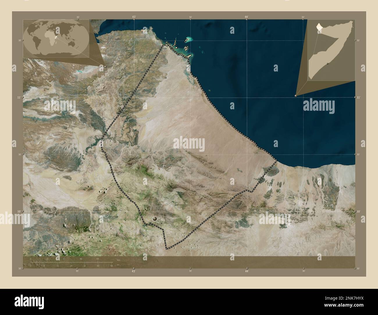 Awdal, region of Somalia. High resolution satellite map. Corner ...