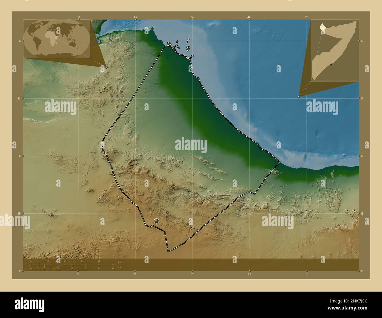 Awdal, region of Somalia. Colored elevation map with lakes and rivers ...