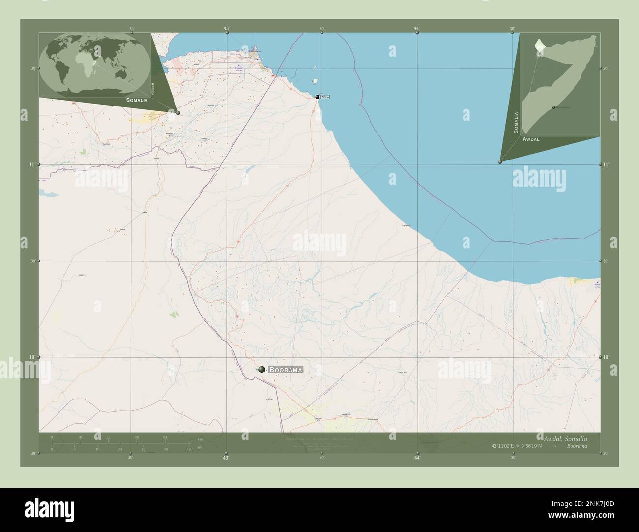 Awdal, region of Somalia. Open Street Map. Locations and names of major ...