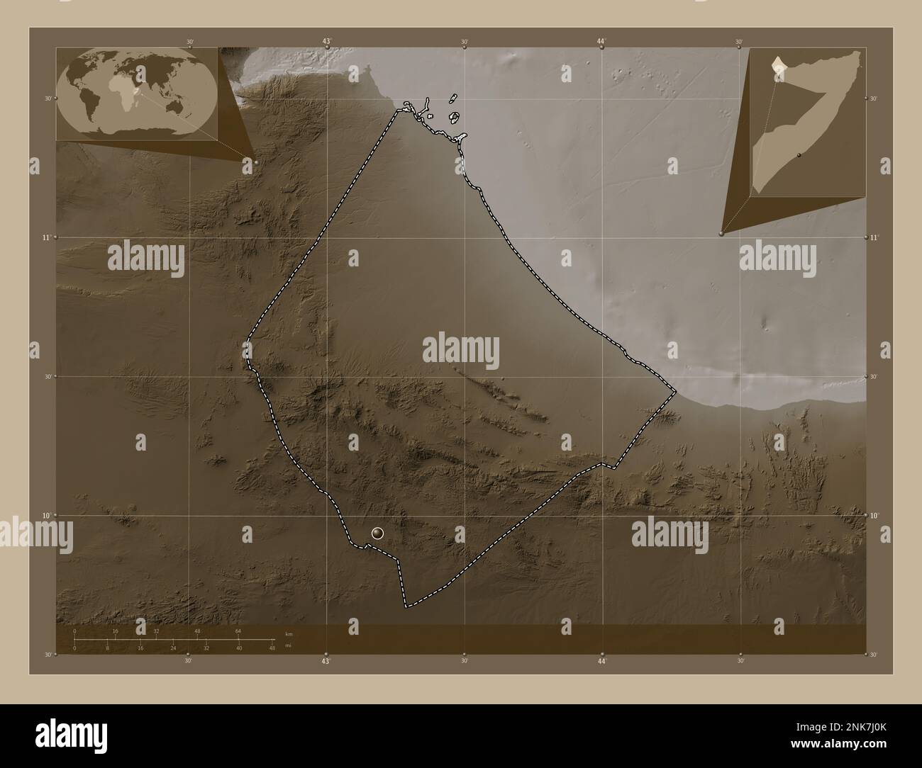 Awdal, region of Somalia. Elevation map colored in sepia tones with ...