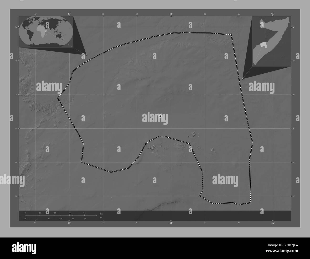 Bakool, region of Somalia. Bilevel elevation map with lakes and rivers ...